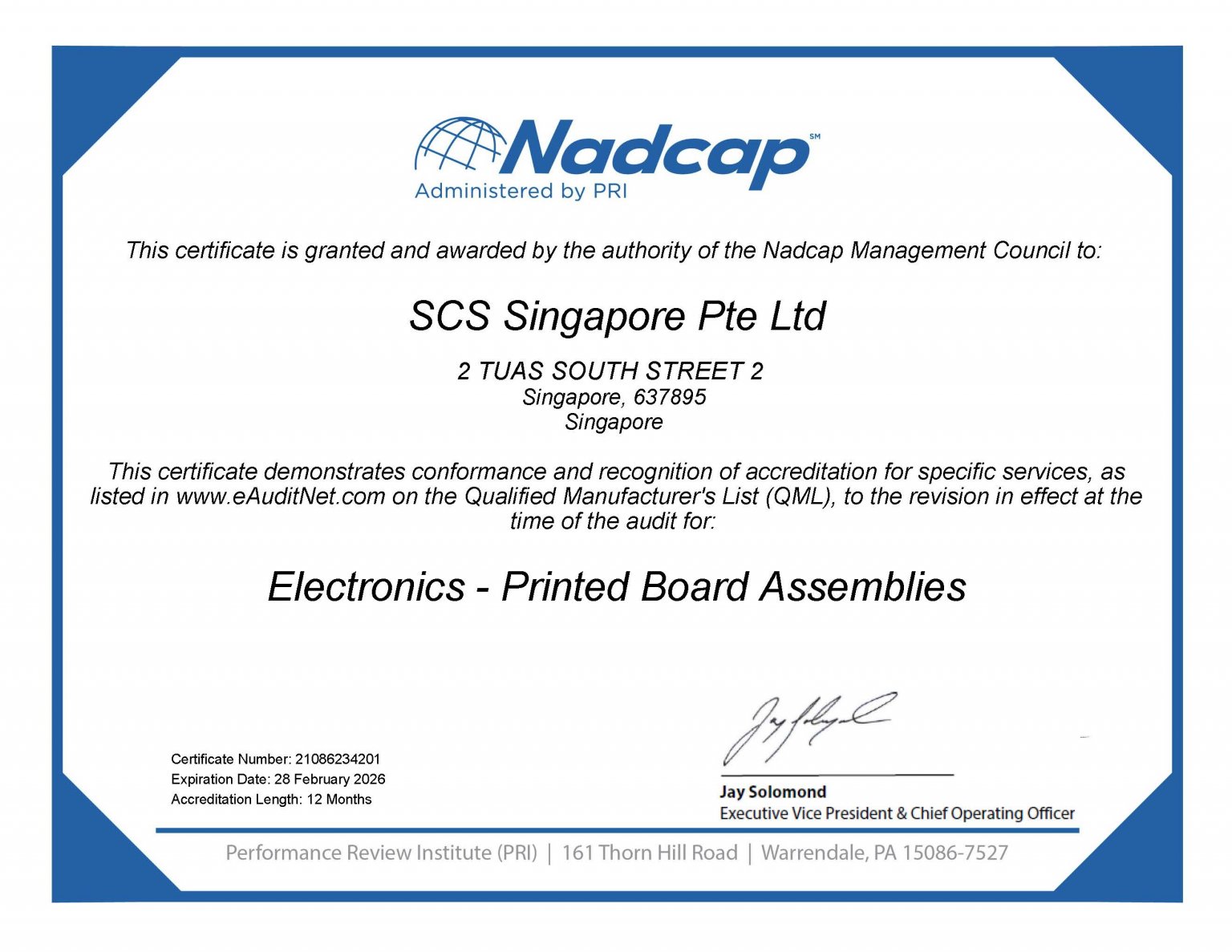 SCS’ Singapore Facility Achieves Prestigious Nadcap Accreditation for ...
